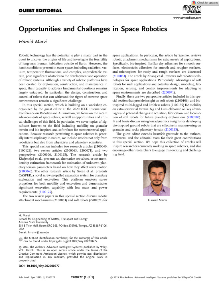 Opportunities and Challenges in Space Robotics | PDF | Robotics | Physical Sciences