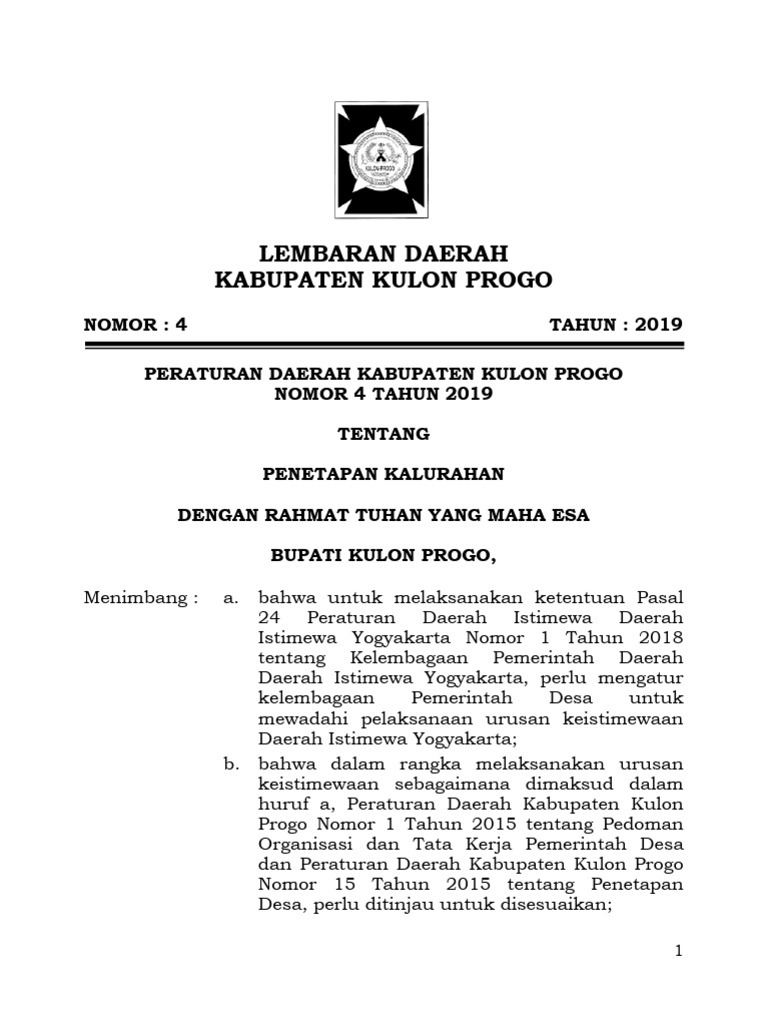 Perda No 4 Tahun 2019 - Penetapan Kalurahan | PDF