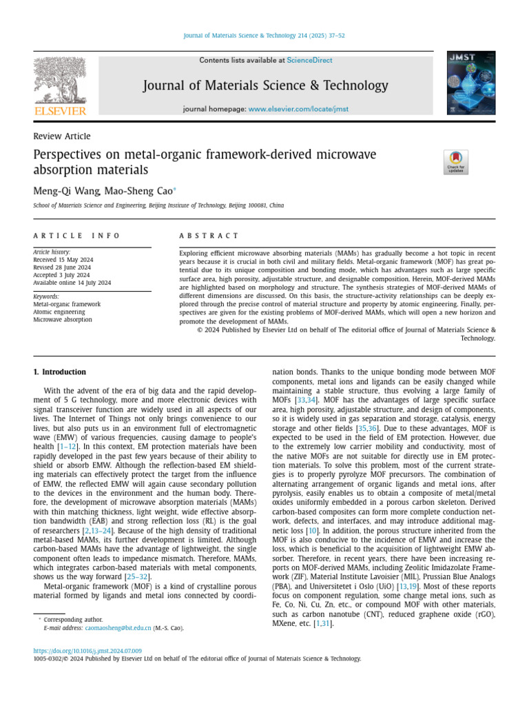 Perspectives on metal-organic framework-derived microwave absorption materials | PDF ...