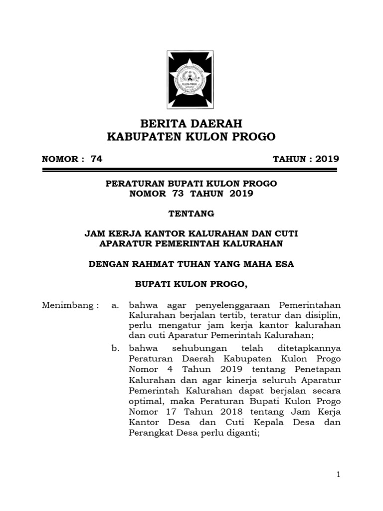 Perbub No 73 Tahun 2019 - Jam Kerja Kantor Kalurahan Dan Cuti Aparatur ...