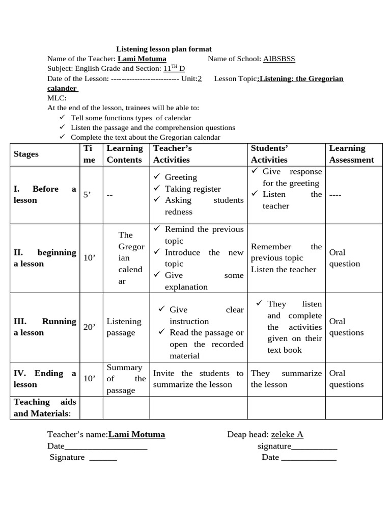 Listening Lesson Plan 11th - 031559 | PDF | Reading Comprehension ...