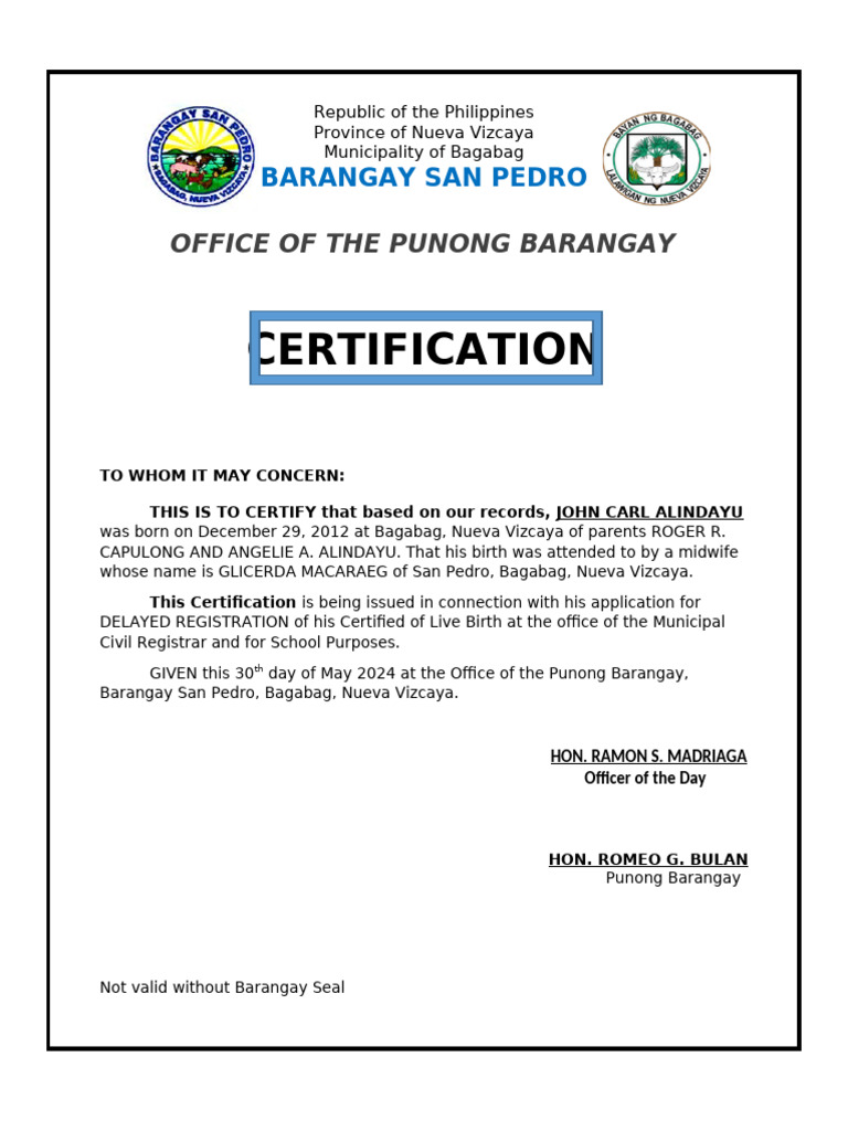 Cert Delayed Registration | PDF