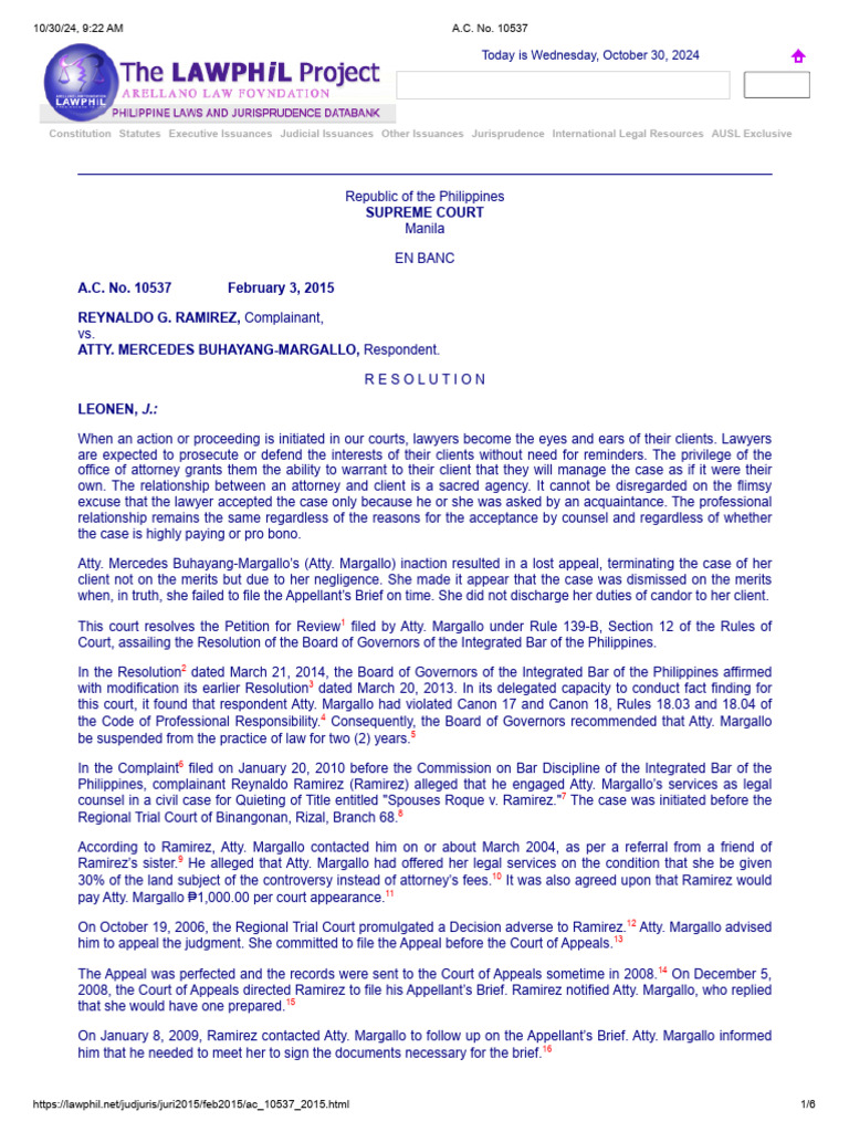 A.C. No. 10537 Reynaldo G. Ramirez vs. Atty. Mercedes B. Margallo | PDF ...