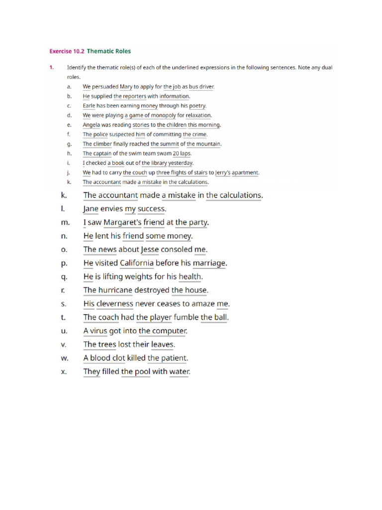 Theta Roles Exercise | PDF