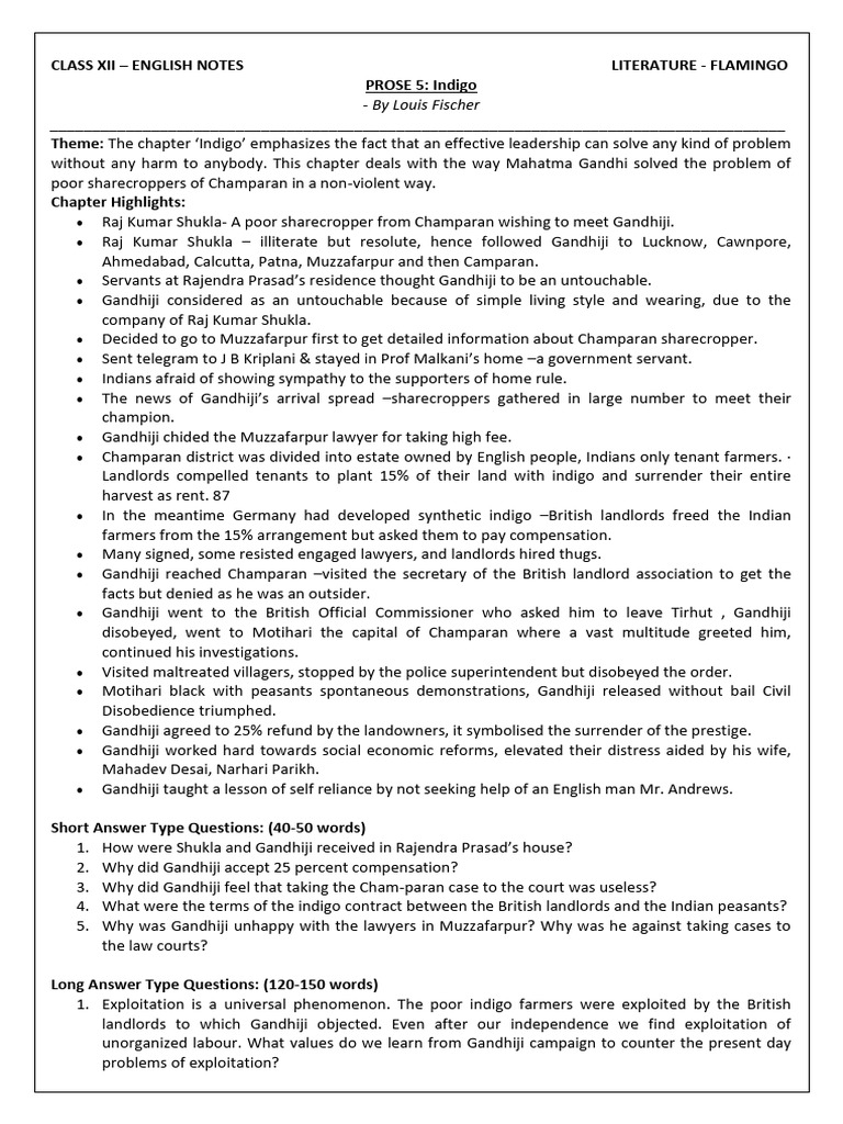 Assignment XII Prose 5 Indigo | PDF | Mahatma Gandhi | British Raj