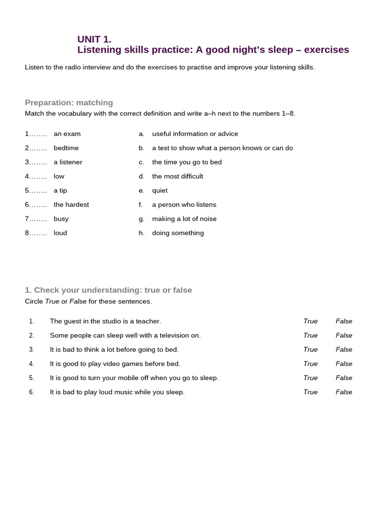 A Good Nights Sleep - Exercises 0 | PDF