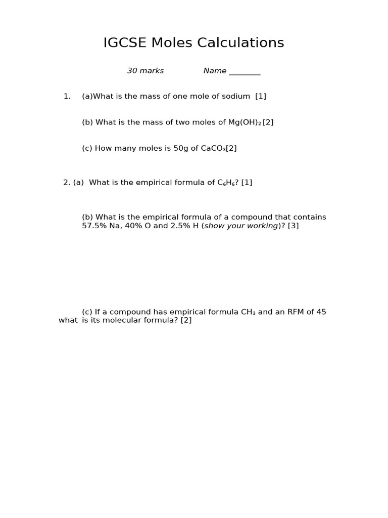 Igcse Moles Calculation Test Pdf