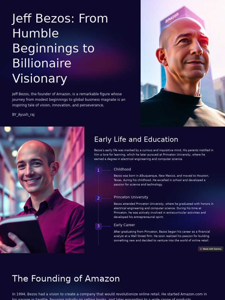 Jeff Bezos From Humble Beginnings To Billionaire Visionary | PDF | E Commerce | Innovation