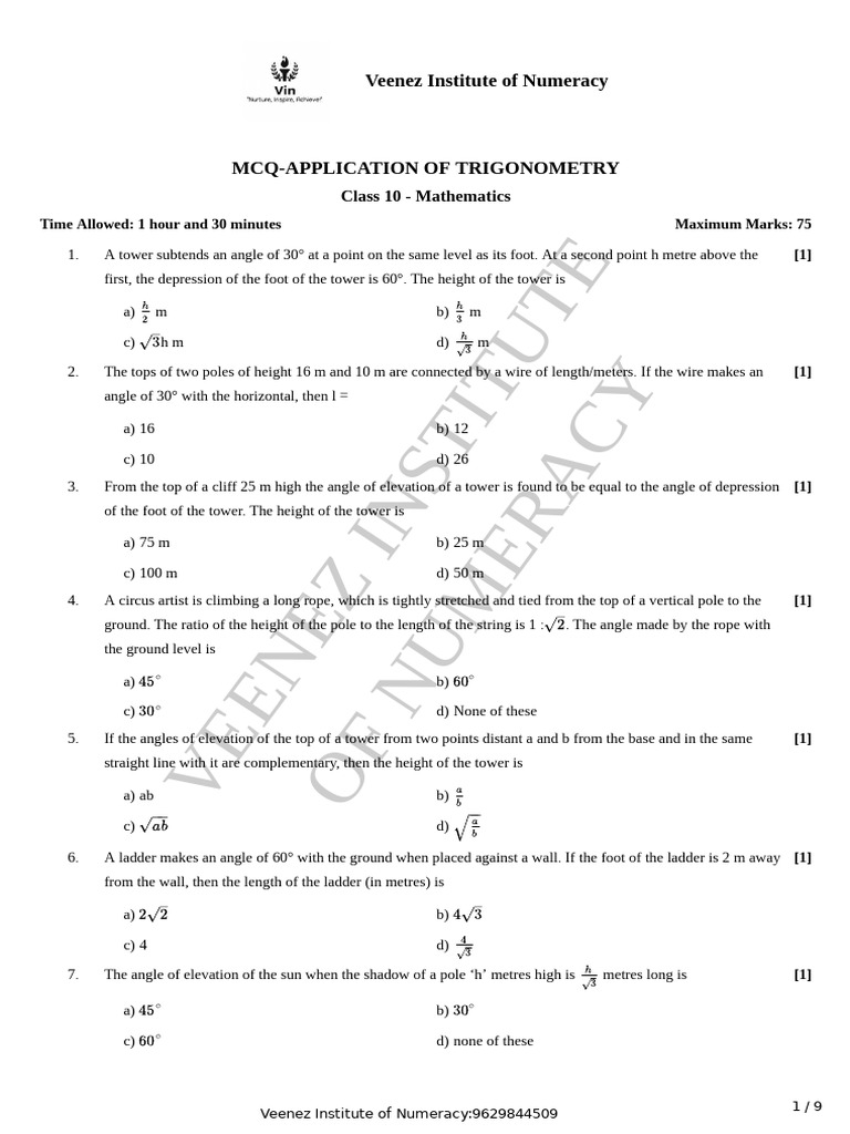 MCQ-Application of Trigonometry | PDF | Angle | Shadow