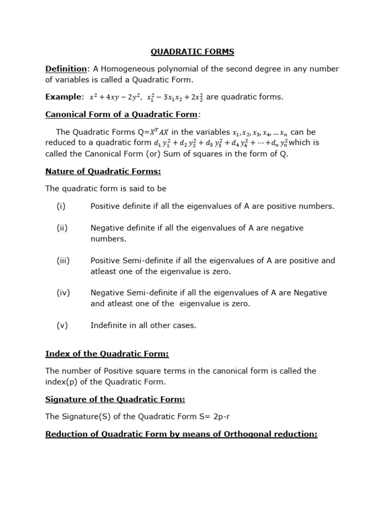 Quadratic Form Pdf Eigenvalues And Eigenvectors Mathematical Physics
