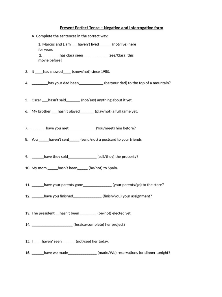 Present Perfect Tense - Negative and Interrogative Activities | PDF
