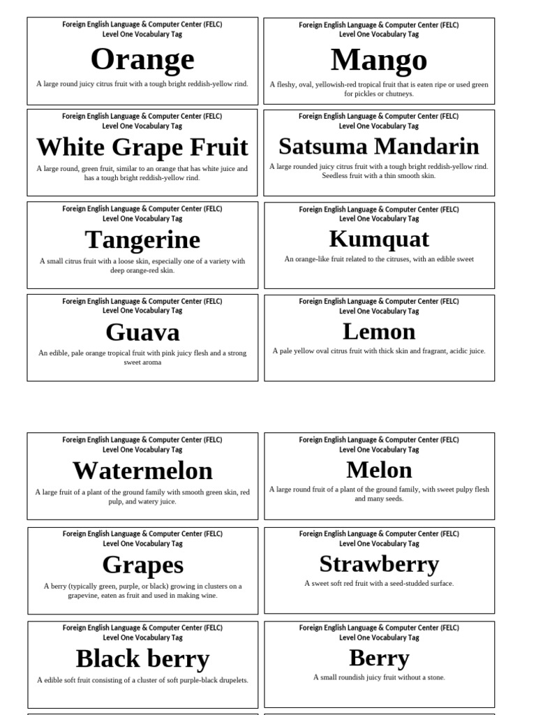 Level One Fruit Vocabulary List | PDF | Fruit | Berry