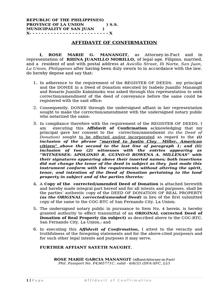 Affidavit of Confirmation Morillo Case Donation | PDF | Affidavit ...