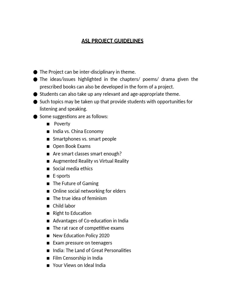 Asl Project Guidelines Latest Grade Xi & Xii | PDF | Essays | Human ...