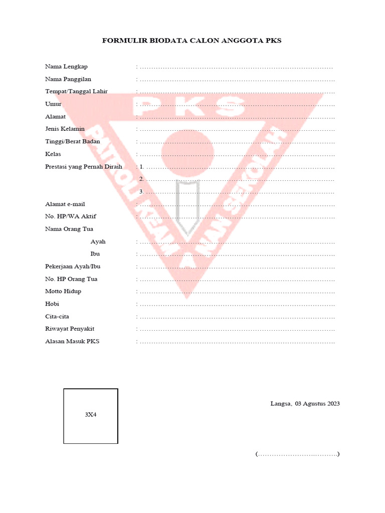 FORMULIR BIODATA CALON ANGGOTA PKS | PDF