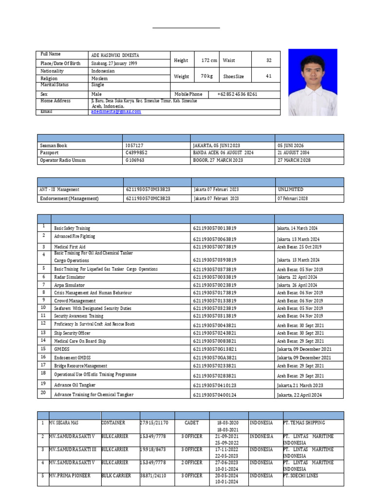 CV ADE HASDWIKI DIMESTA 2024 (pdf.1) | PDF | Shipping | Water Transport