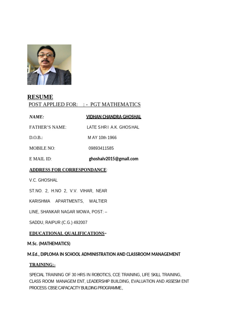 Resume: Post Applied For:: - PGT Mathematics | PDF