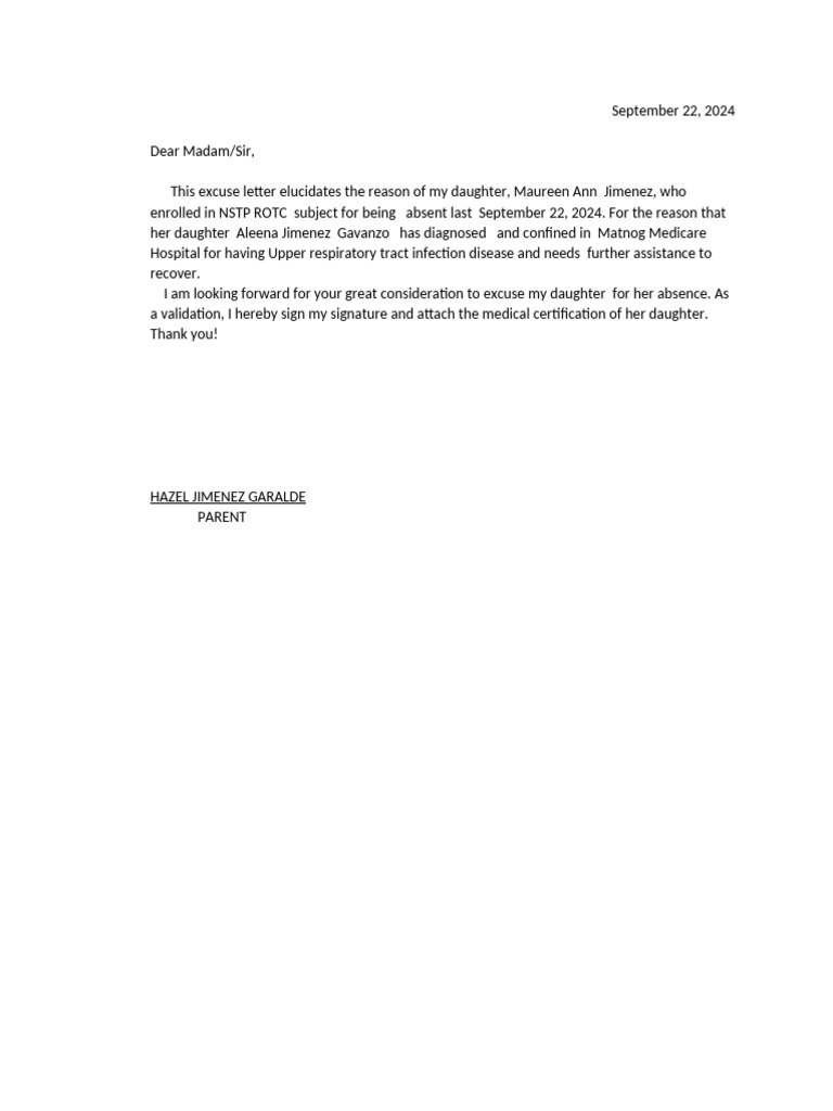 Excuse Letter Maureen | PDF