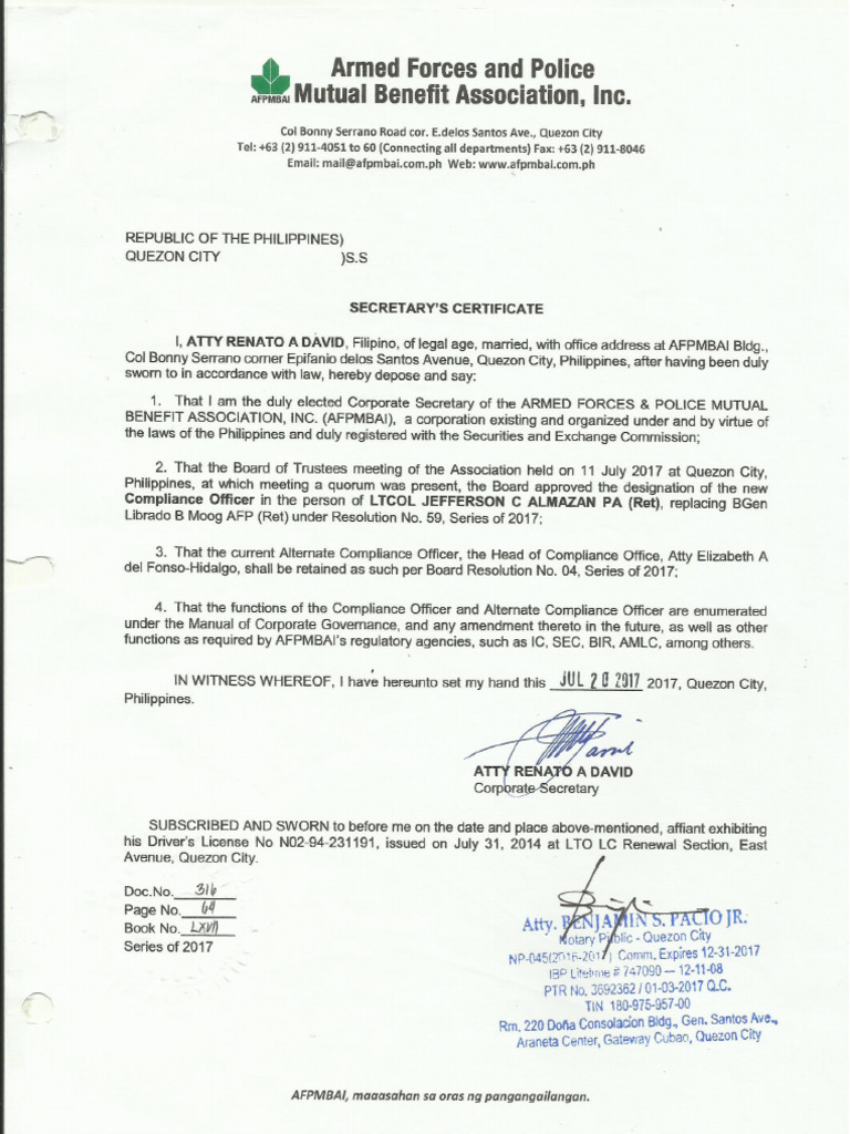 Secretary - S Certificate - Compliance Officer | PDF