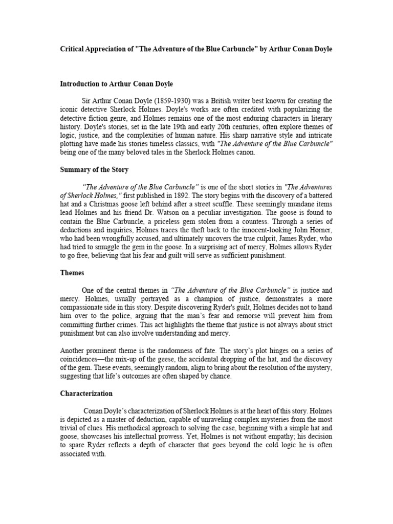 Critical Analysis of Blue Carbuncle | PDF | Sherlock Holmes | Arthur ...