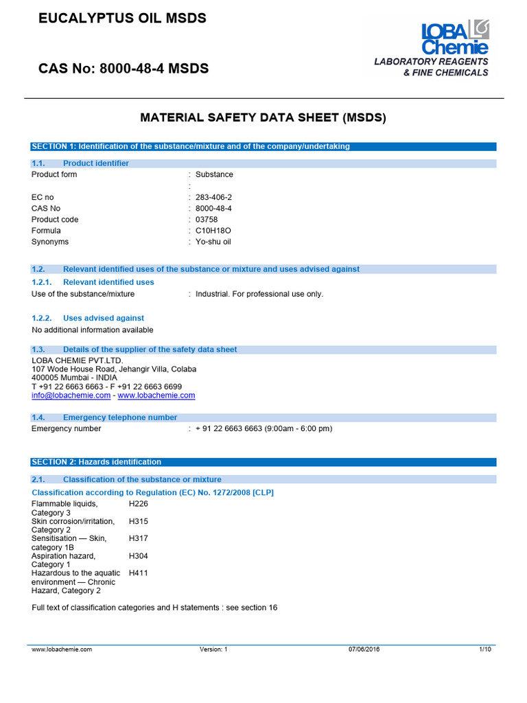 Eucalyptus Oil MSDS (CAS 8000-48-4) | PDF | Dangerous Goods | Toxicity