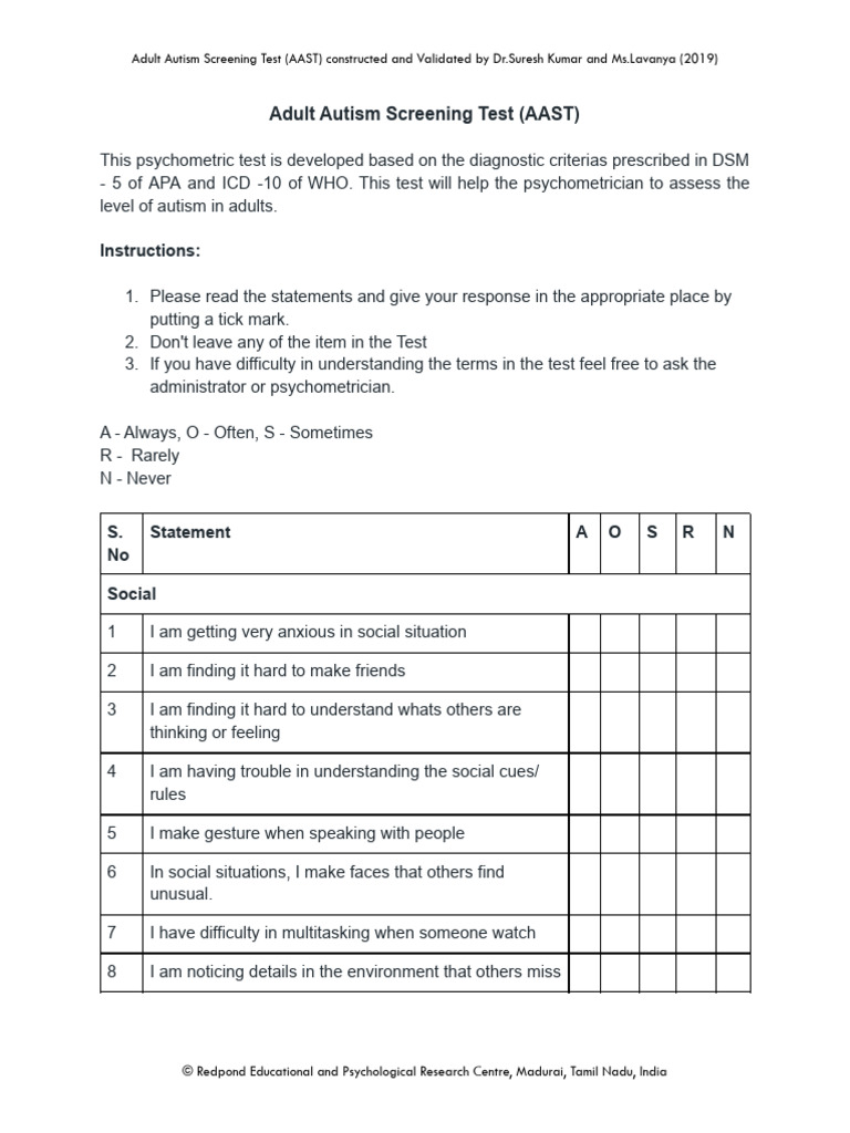 Adult Autism Screening Test (AAST) | PDF | Psychometrics | Autism Spectrum