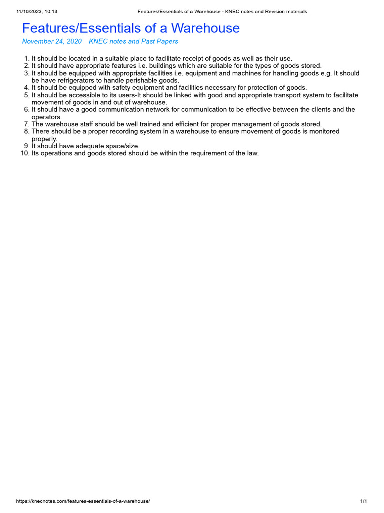 Features - Essentials of A Warehouse - KNEC Notes and Revision ...
