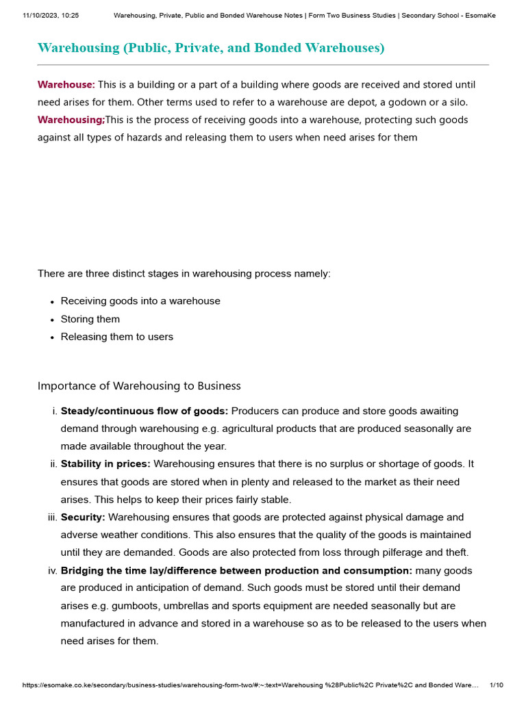 Warehousing, Private, Public and Bonded Warehouse Notes - Form Two ...