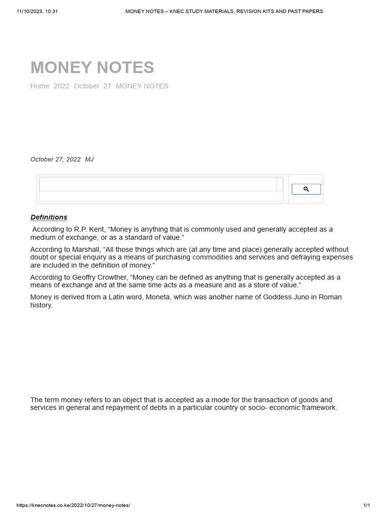 Definition of MONEY NOTES - KNEC STUDY MATERIALS, REVISION KITS AND ...