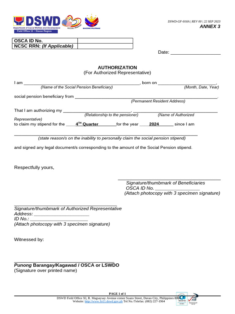 MC 06 AUTHORIZATION LETTER 4th QTR | PDF