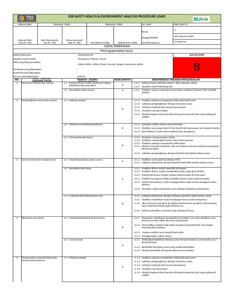Jsa Moving Peralatan Kerja PT - Tks Buma SDJ | PDF