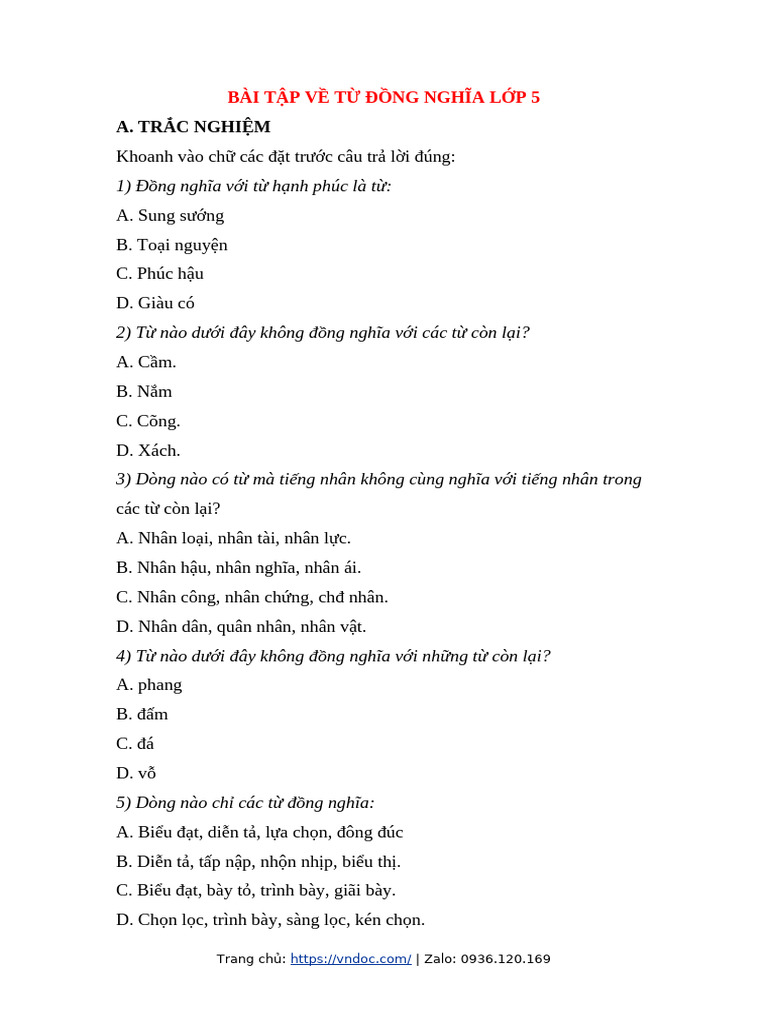 Bai Tap Ve Tu Dong Nghia | PDF