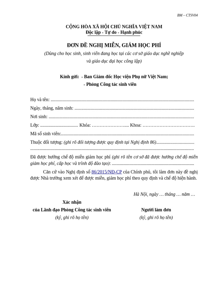 BM - CTSV07 ĐƠN ĐỀ NGHỊ MIỄN GIẢM HỌC PHÍ | PDF