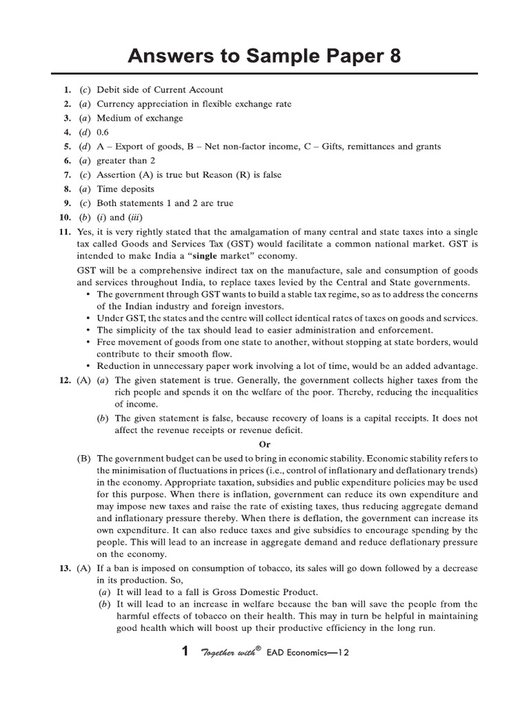 Cbse Cl12 Ead Economics Answers To Sample Paper 8 2025 | PDF