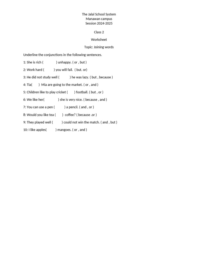 Class 2 Joining Words Worksheet | PDF
