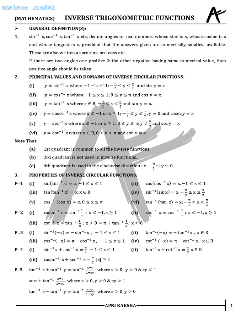Sheet - 01 Inverse Trignometric Function NJ - 247 | PDF | Trigonometric Functions | Function ...