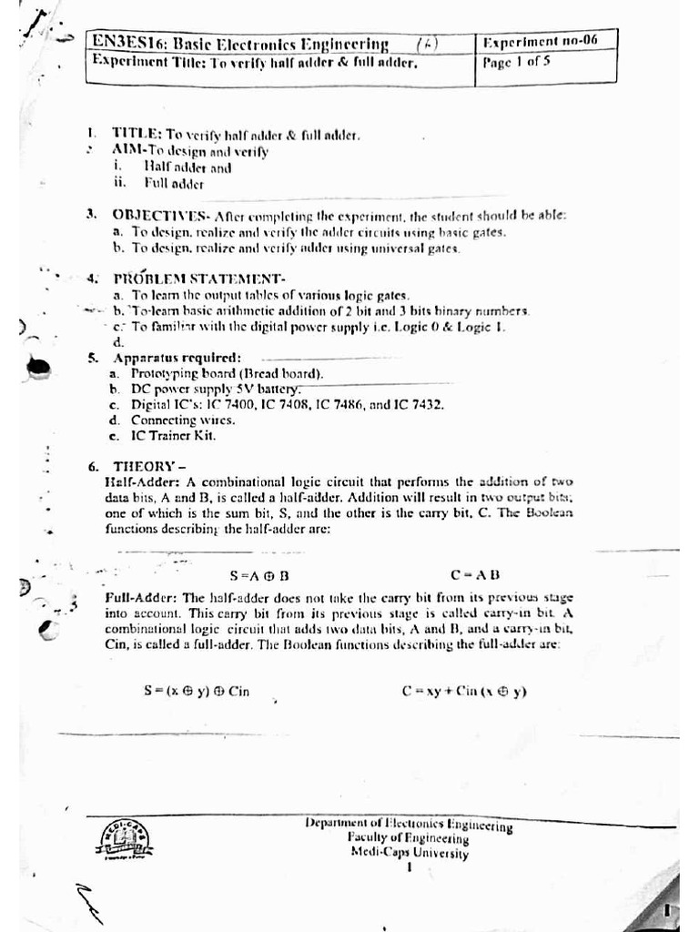 Full Adder Half Adder EXP-07 BEE | PDF