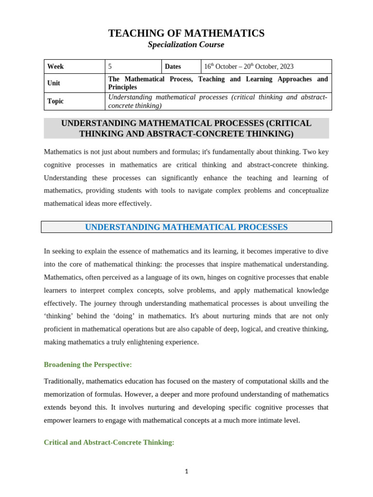 Understanding Mathematical Processes | PDF | Mathematics | Critical ...