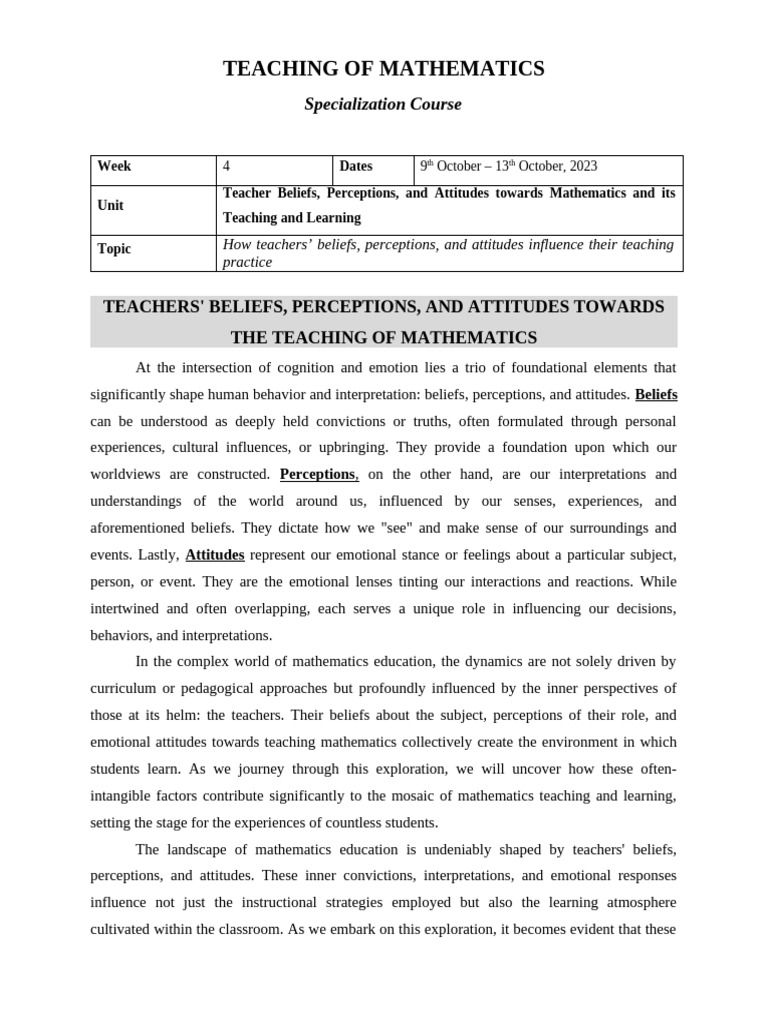 Math Teaching: Beliefs & Attitudes | PDF | Attitude (Psychology) | Teachers