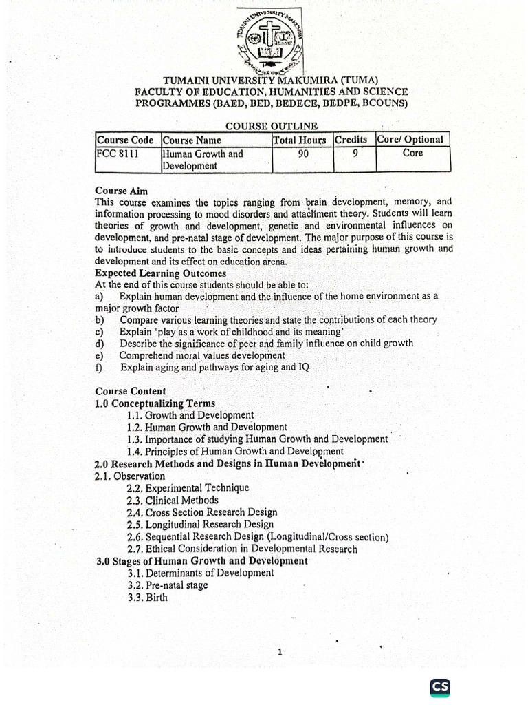 Human Growth and Development Course Outline. | PDF