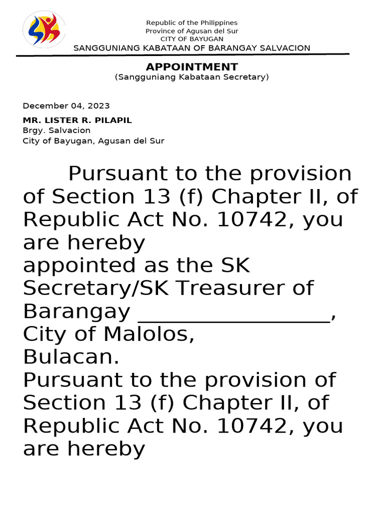 SK Secretary Appointment in Bayugan | PDF