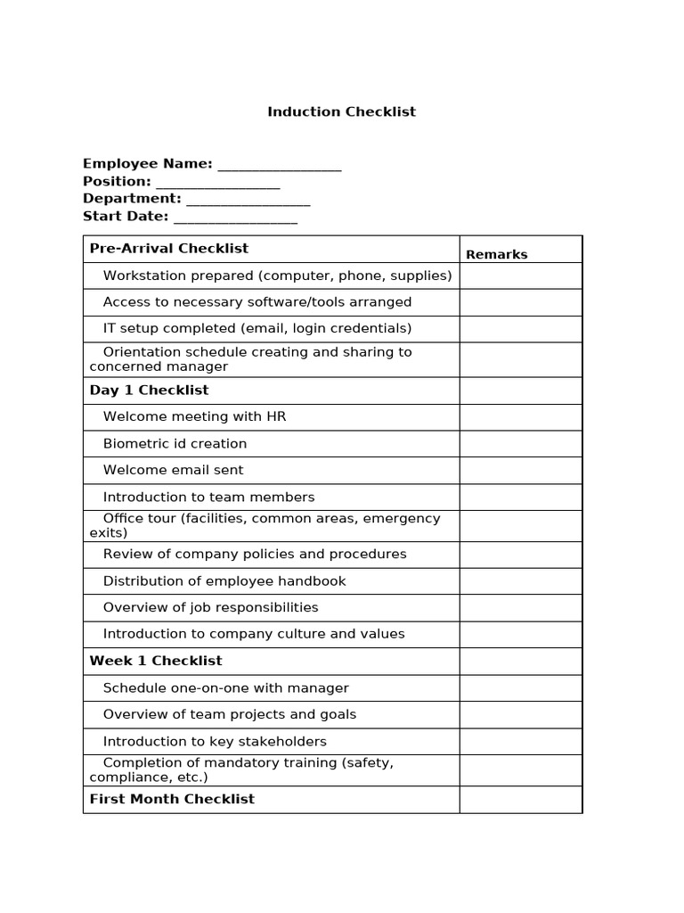 Induction Checklist | PDF