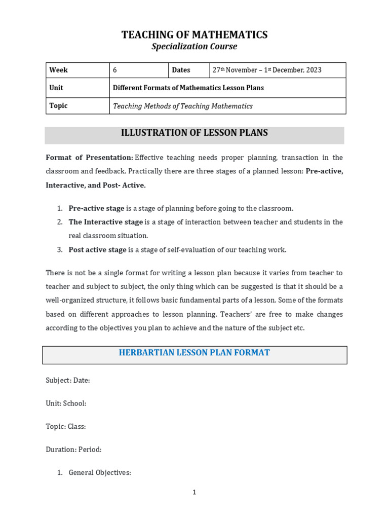 6.2 - Different Formats of Mathematics Lesson Plans | PDF | Lesson Plan ...