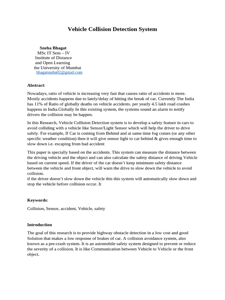 Sneha Researchpepar Vehicle Collision Detection System Pdf