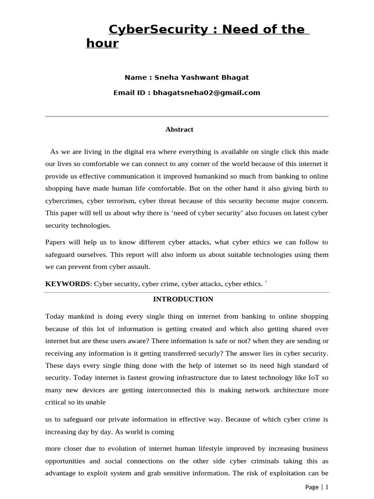 Sneha-ResearchPepar-CyberSecurity - Need of The Hour | PDF | Malware | Security