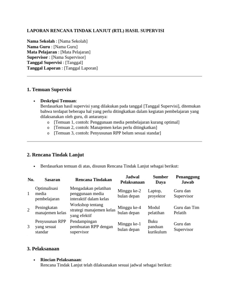 LAPORAN RENCANA TINDAK LANJUT supervisi | PDF