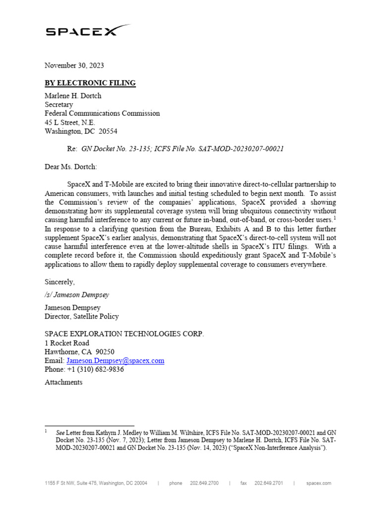 By Electronic Filing: GN Docket No. 23-135 ICFS File No. SAT-MOD ...