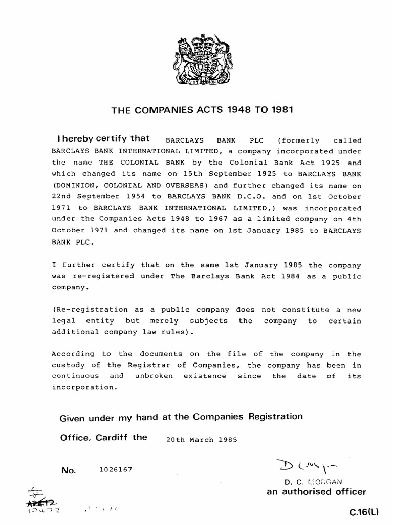 Barclays Bank PLC Certificate of Incorporation 94kb | PDF