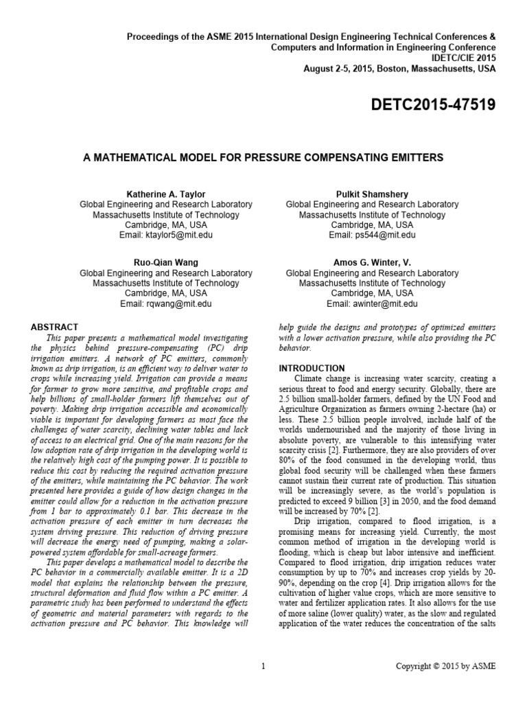 (Paper) A Mathematical Model For Pressure Compensating Emitters | PDF ...