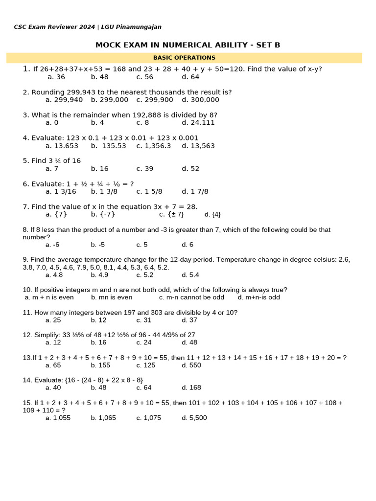 Set B - MOCK EXAM IN NUMERICAL ABILITY | PDF | Rounding | Mathematics